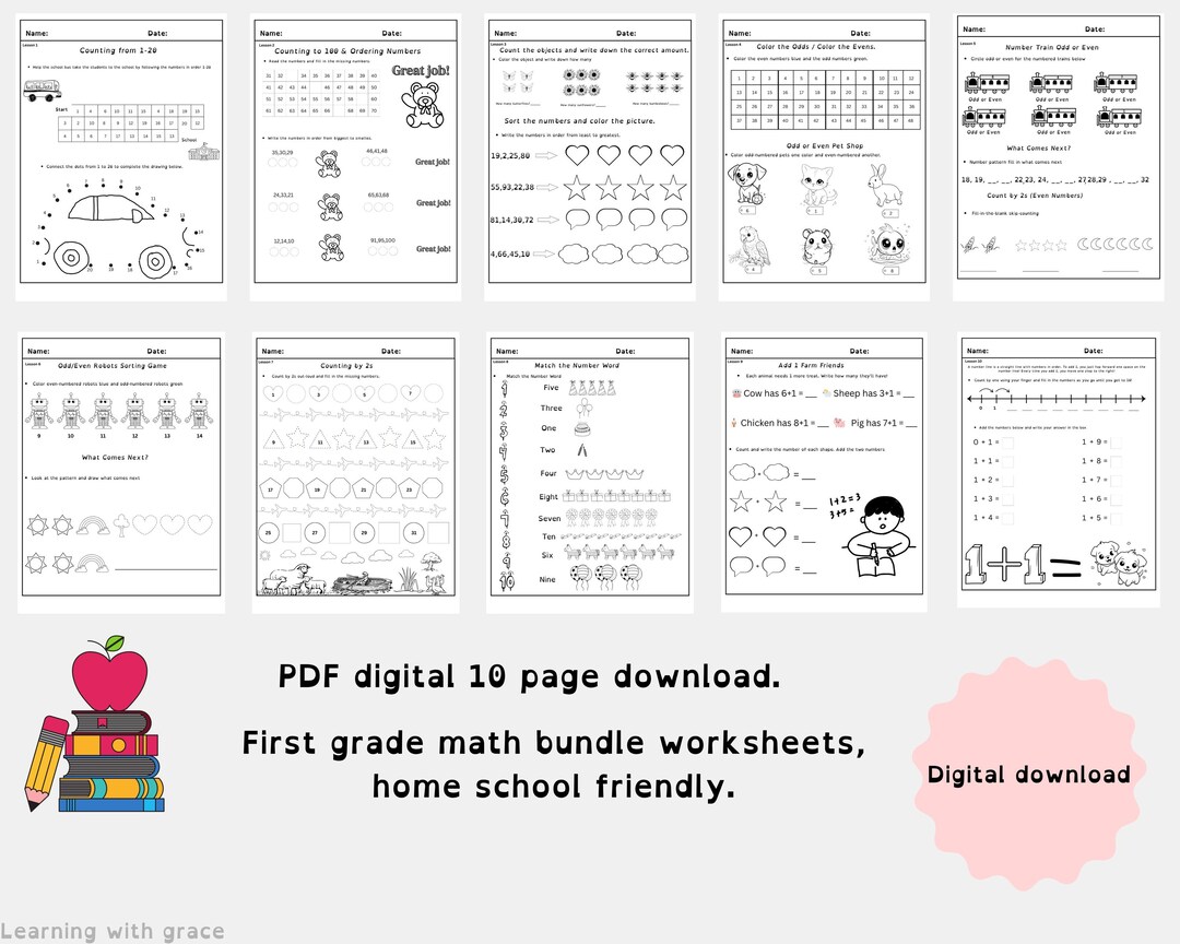 1st Grade Math Worksheets: Fun Activities, Number Skills (PDF Printable ...