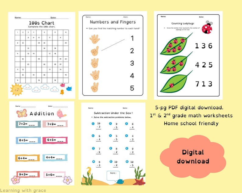 1st-2nd Grade Math Worksheets: Number Charts, Counting, Addition (PDF ...