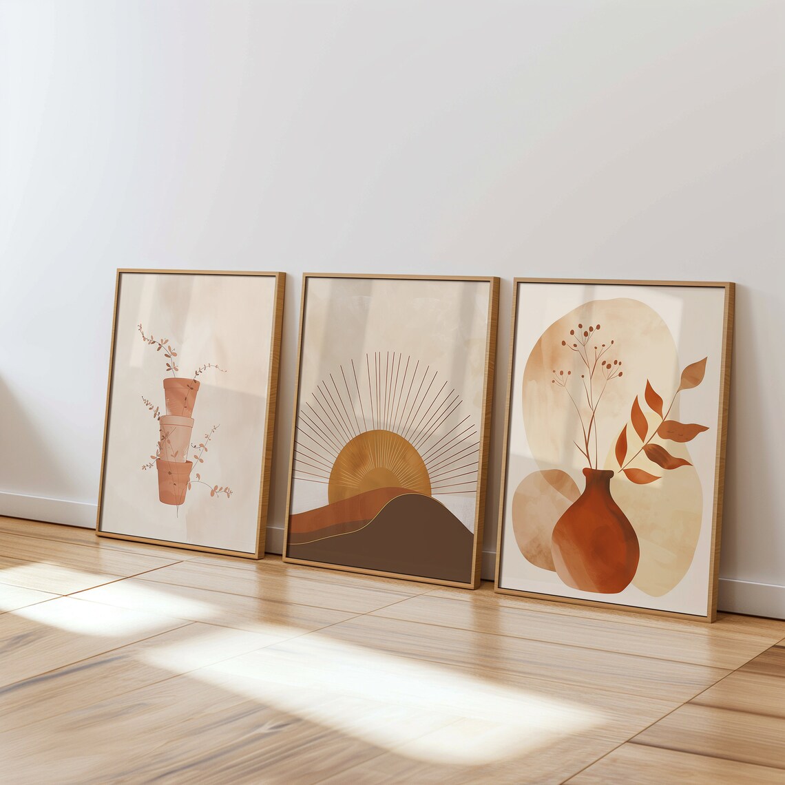Minimalist Boho Poster Set, Abstract Sun and Plant Prints, Three Piece ...