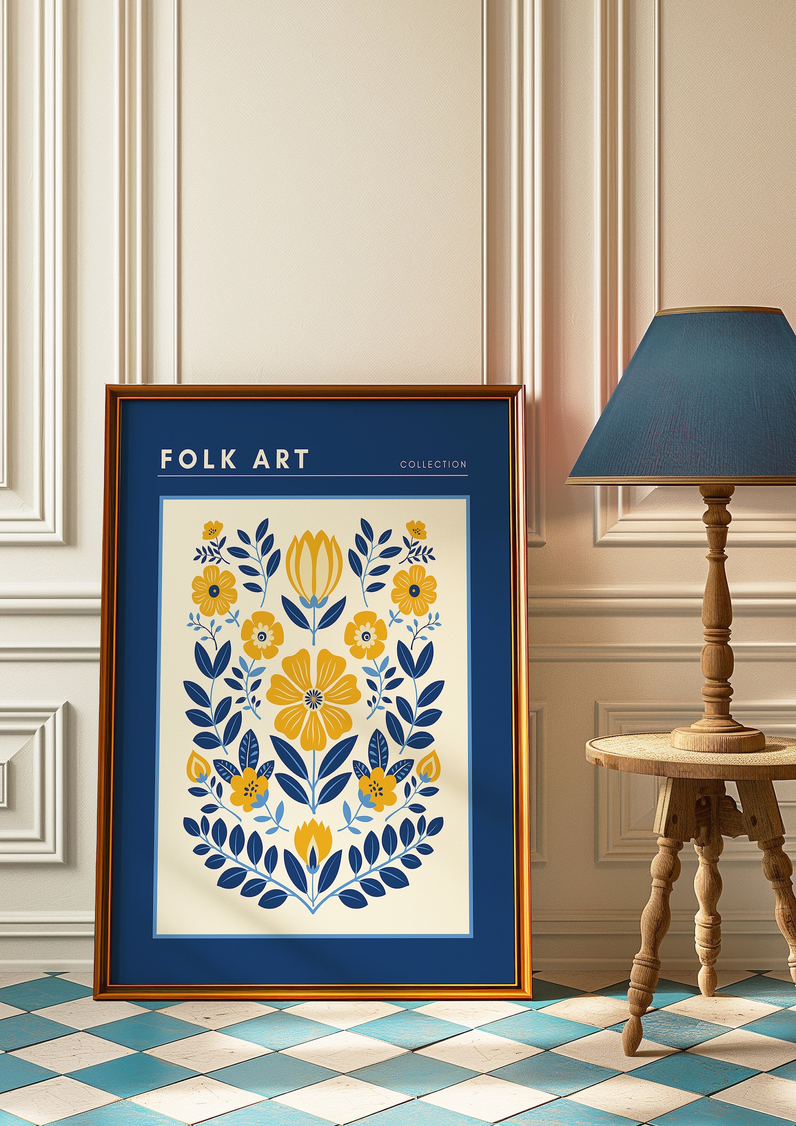 Folk Art Poster, Scandinavian Floral Wall Art, Blue and Yellow Folk ...