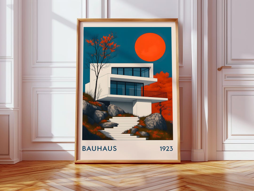 Bauhaus Modernist House Poster, Red Sun Architecture Print, Geometric ...