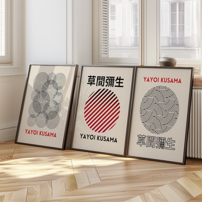 Yayoi Kusama Three Poster Set, Japanese Modern Art Prints, Red and ...