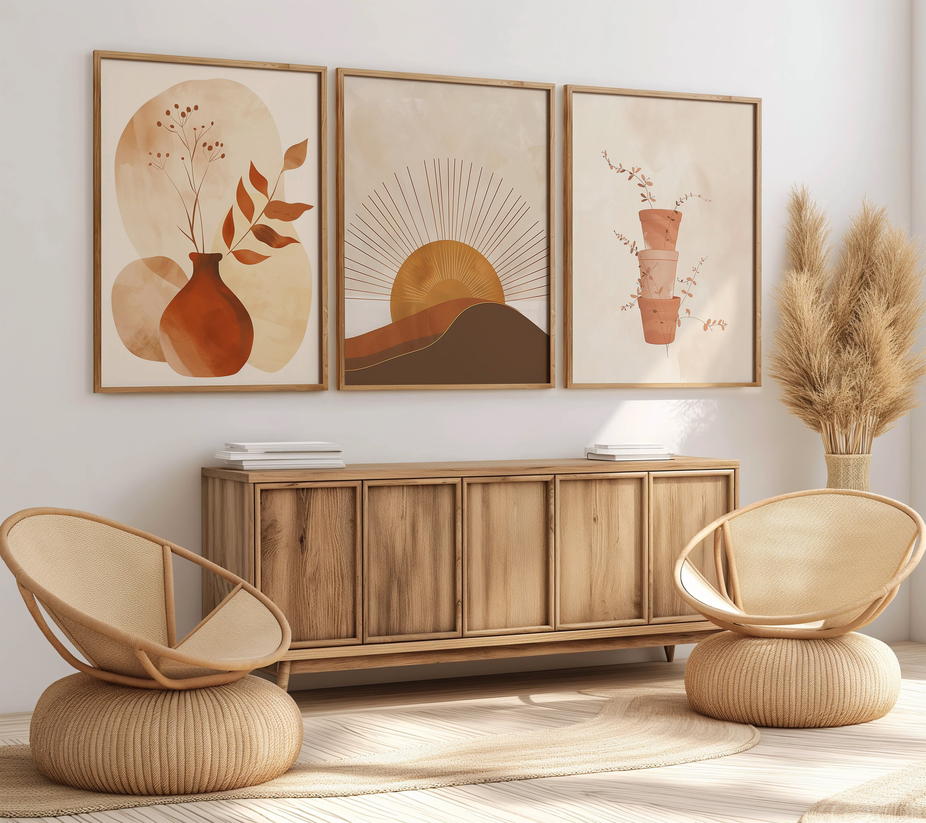 Minimalist Boho Poster Set, Abstract Sun and Plant Prints, Three Piece ...