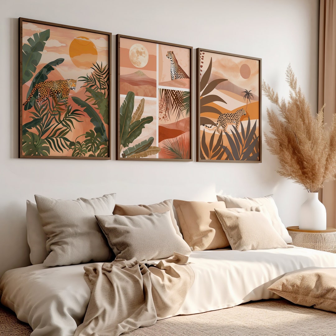 Tropical Leopard Poster Set, Jungle Safari Wall Art, Three Piece Boho ...