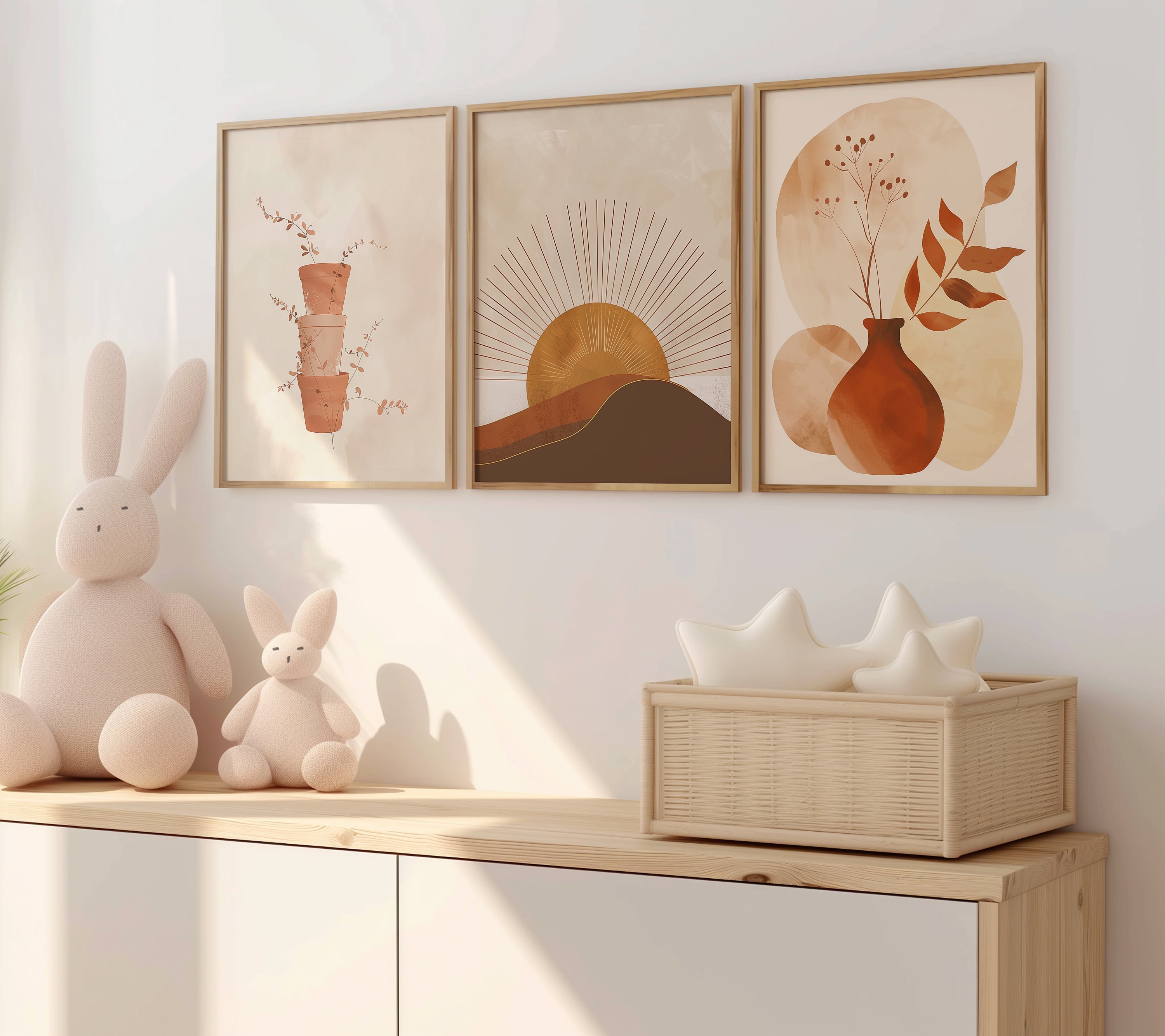 Minimalist Boho Poster Set, Abstract Sun and Plant Prints, Three Piece ...