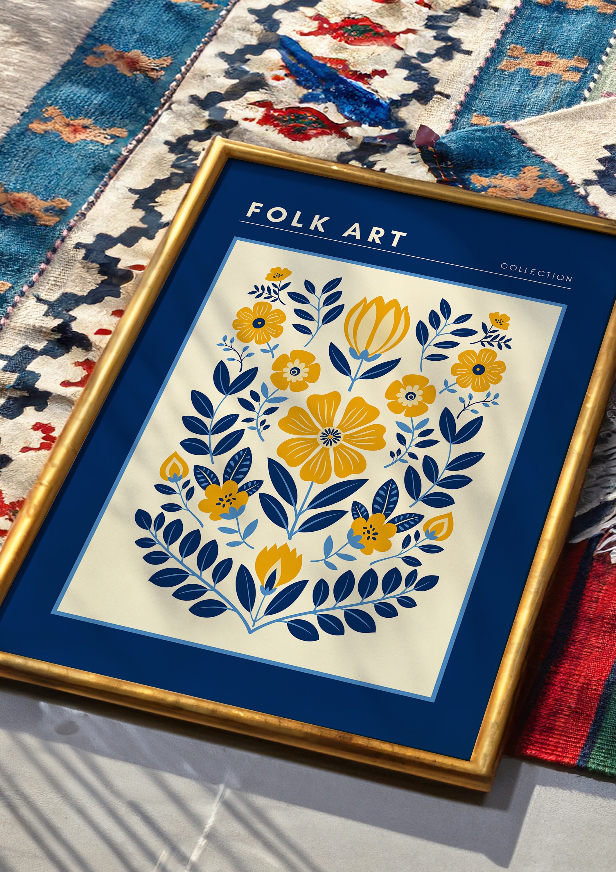 Folk Art Poster, Scandinavian Floral Wall Art, Blue and Yellow Folk ...