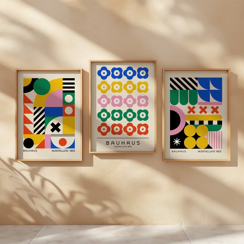 Colorful Bauhaus Poster Set of 3, Abstract Geometric Wall Art, Mid ...