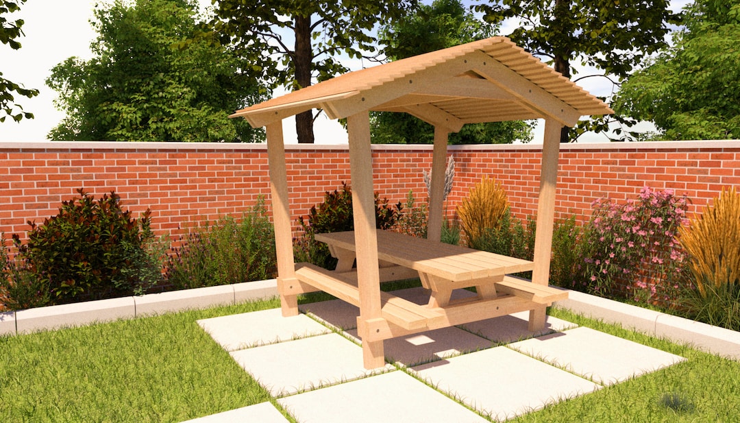 Wooden Picnic Table With Benches and Shelter, Picnic Table With Roof ...