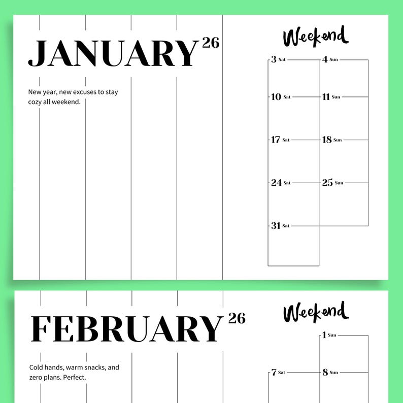 2026 Weekend Only Calendar – Just Weekends Printable – Anti Weekday ...