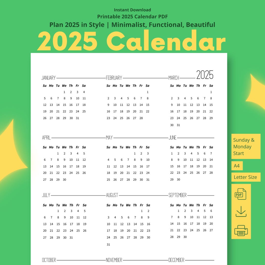 2025 Calendar Printable Minimalist: A4 & Letter Size (PDF) - Etsy