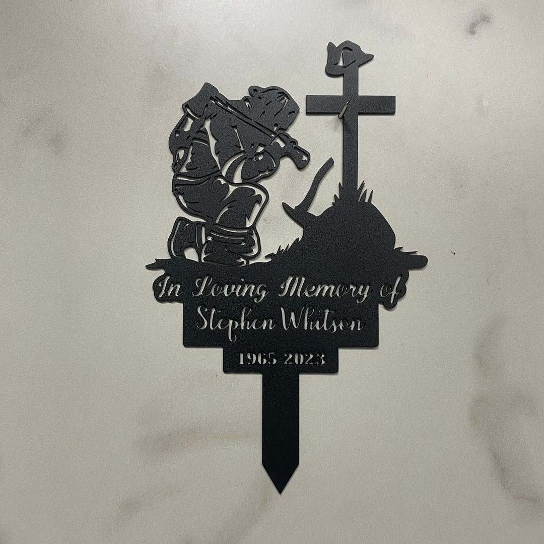 Custom Fireman Memorial Metal Stake, Firefighter Kneeling at Cross ...