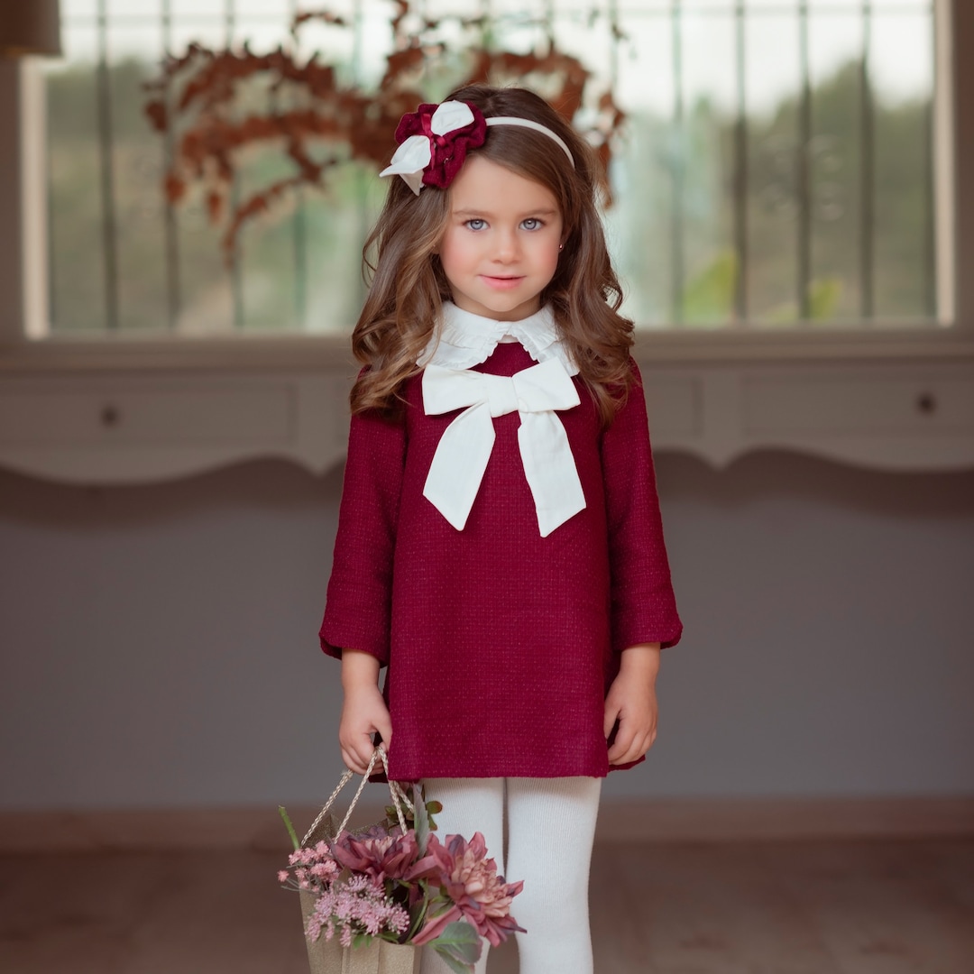 Burgundy Tweed Girls Dress: Ruffled Collar, Ivory Bow - Etsy