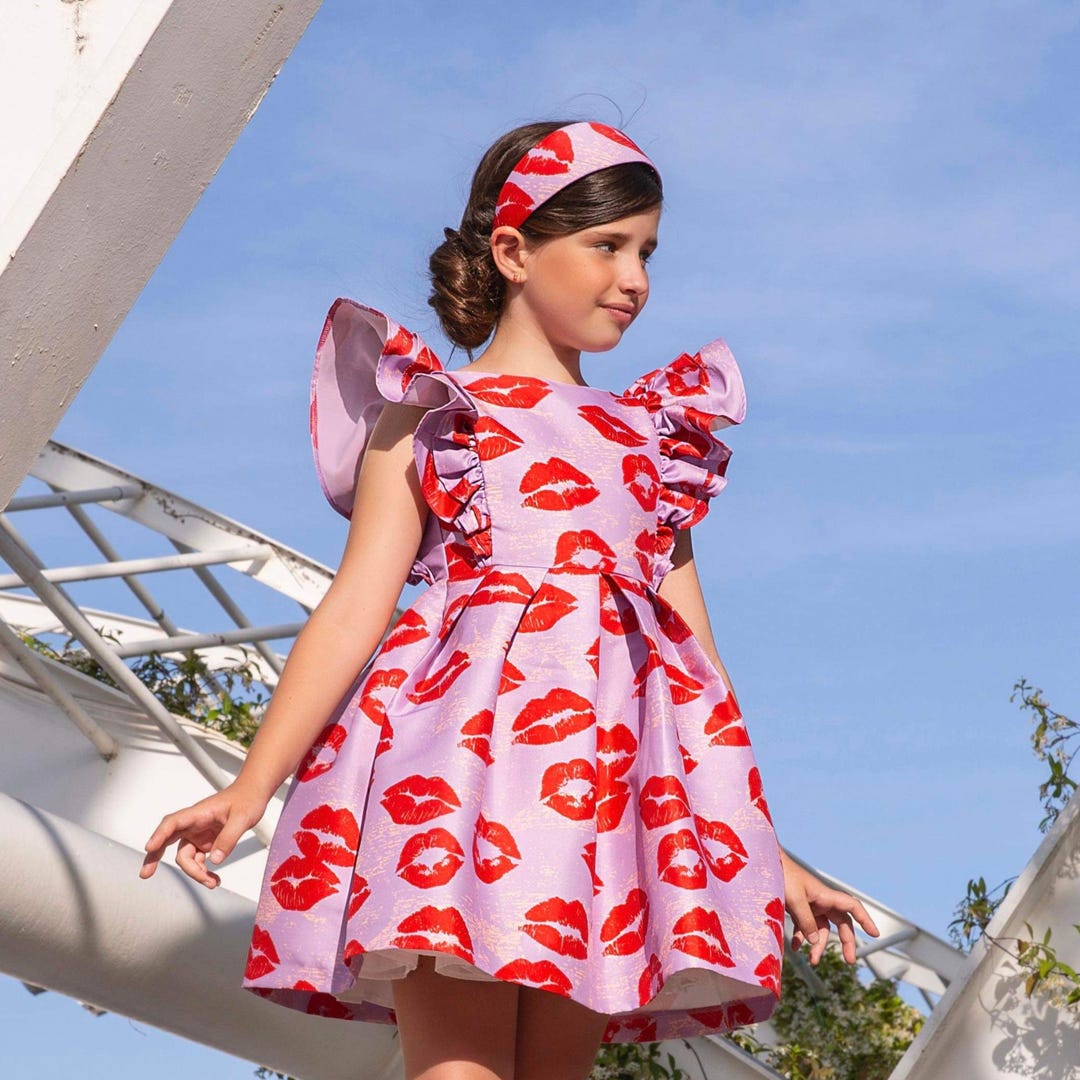 Girls Spanish Dress: Red Lips Print, Ruffle Sleeves & Open Back ...