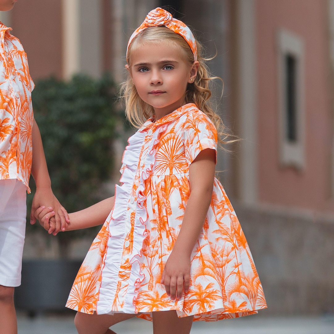 Spanish Girls Dress: Orange Palm Print, Ruffle Detail - Etsy
