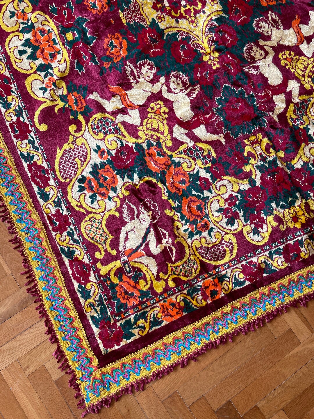 Vintage Italian Velvet Cherub Bedspread, UNUSED Burgundy Plush Carpet ...