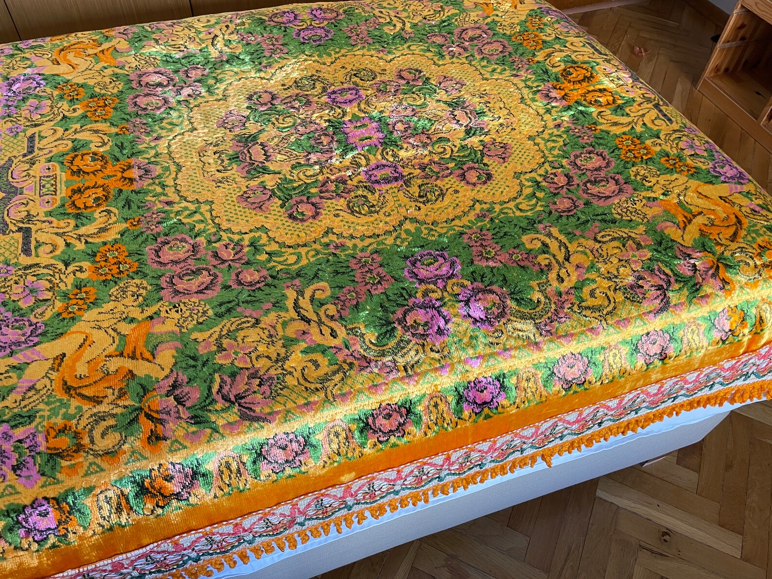 Unused Vintage Italian Velvet Cherub Bedspread, Bohemian Table Decor ...