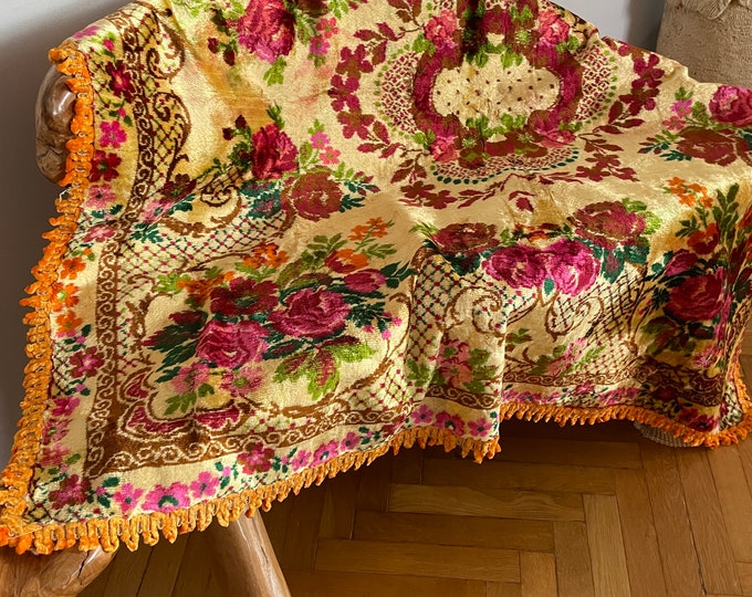 Unused Vintage Italian Velvet Tablecloth, Bohemian Table Decor, Floral ...