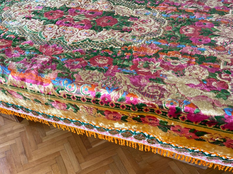 Unused Vintage Italian Velvet Cherub Bedspread, Bohemian Table Decor ...