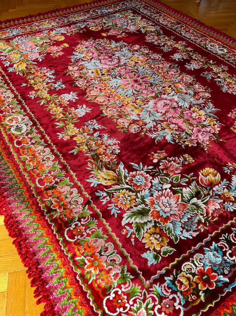 UNUSED Vintage Italian Velvet Bedspread, Red Blue Floral Plush Carpet ...