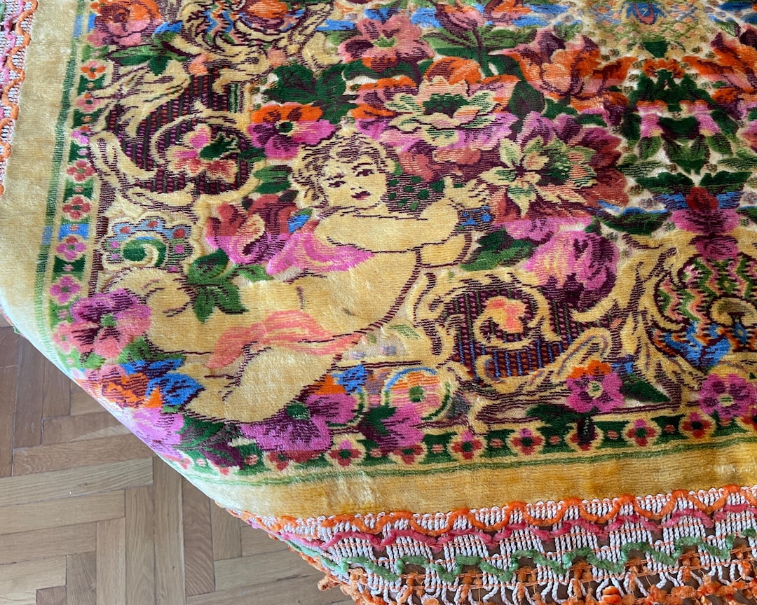 Vintage Italian Unused Velvet Cherub Bedspread, 1960s Floral Tapestry ...