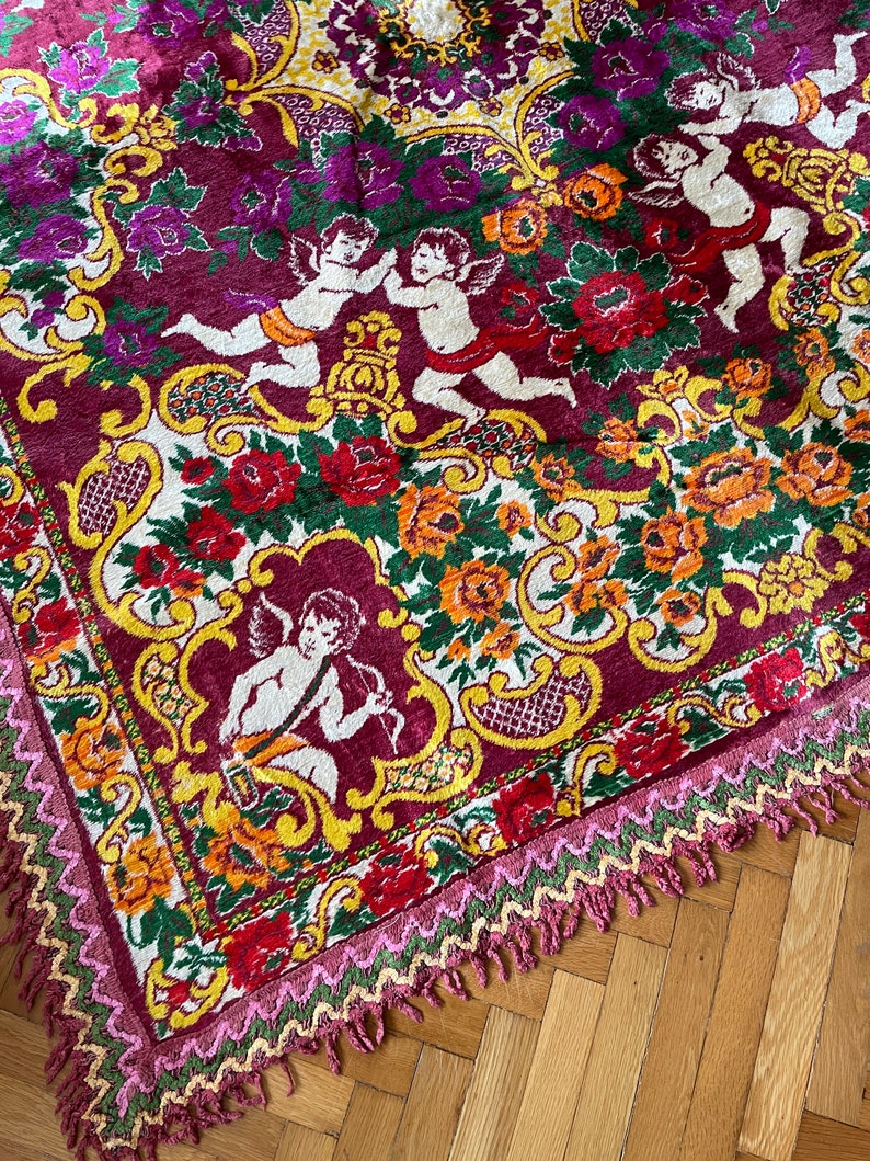 UNUSED Vintage Italian Velvet Cherub Bedspread, Bohemian Table Decor ...