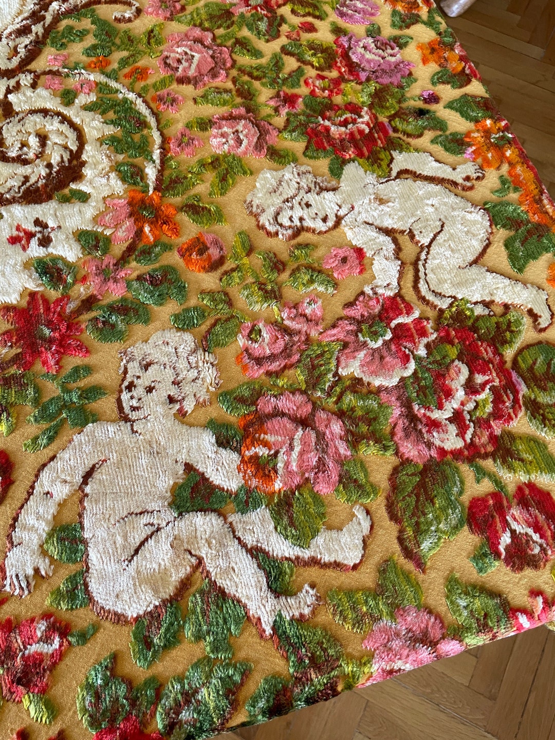 Cherub Velvet Bedspread, Italian Floral Chenille Tapestry Tablecloth ...