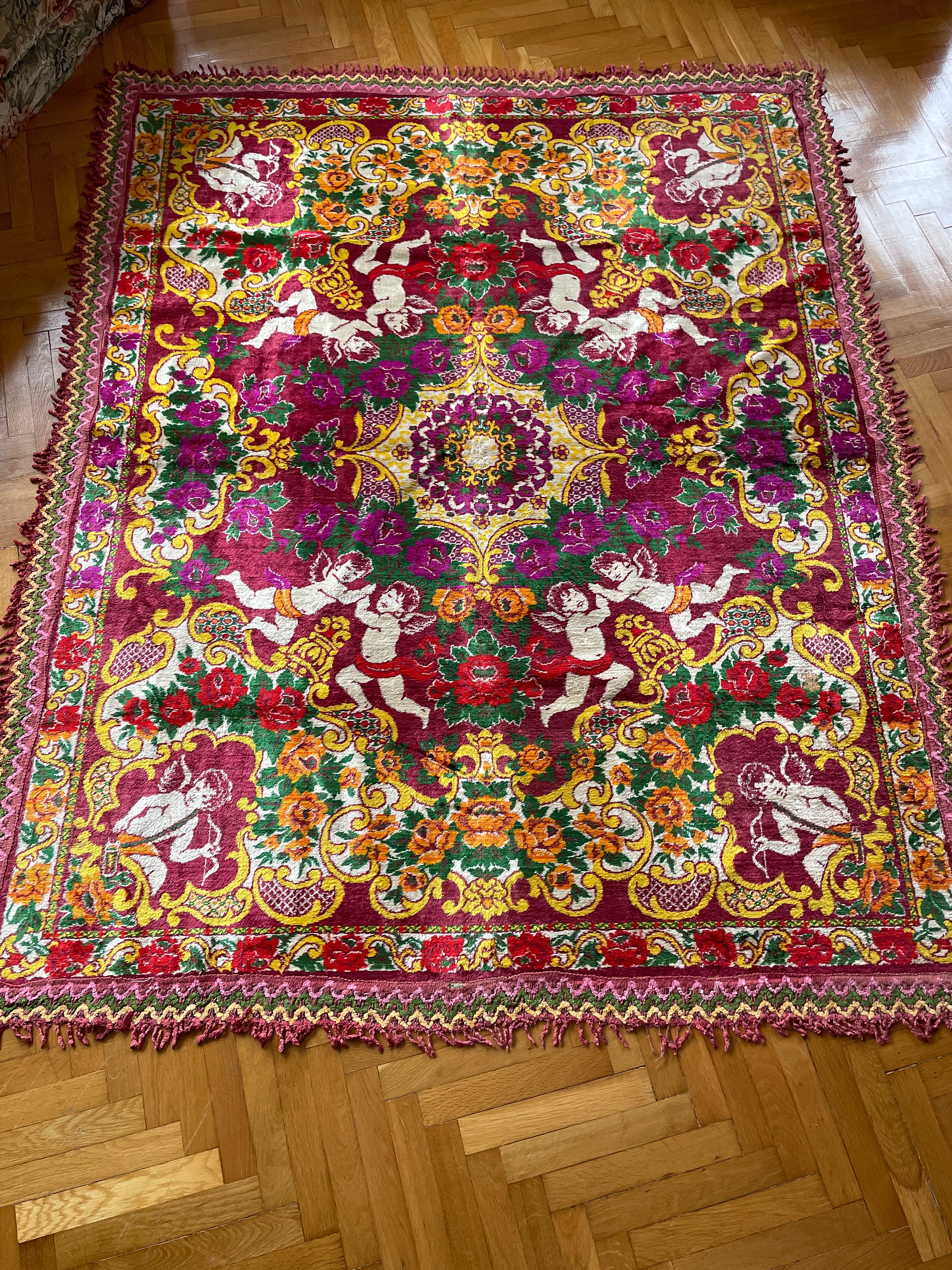 Unused Vintage Italian Velvet Cherub Bedspread, Large Tablecloth ...