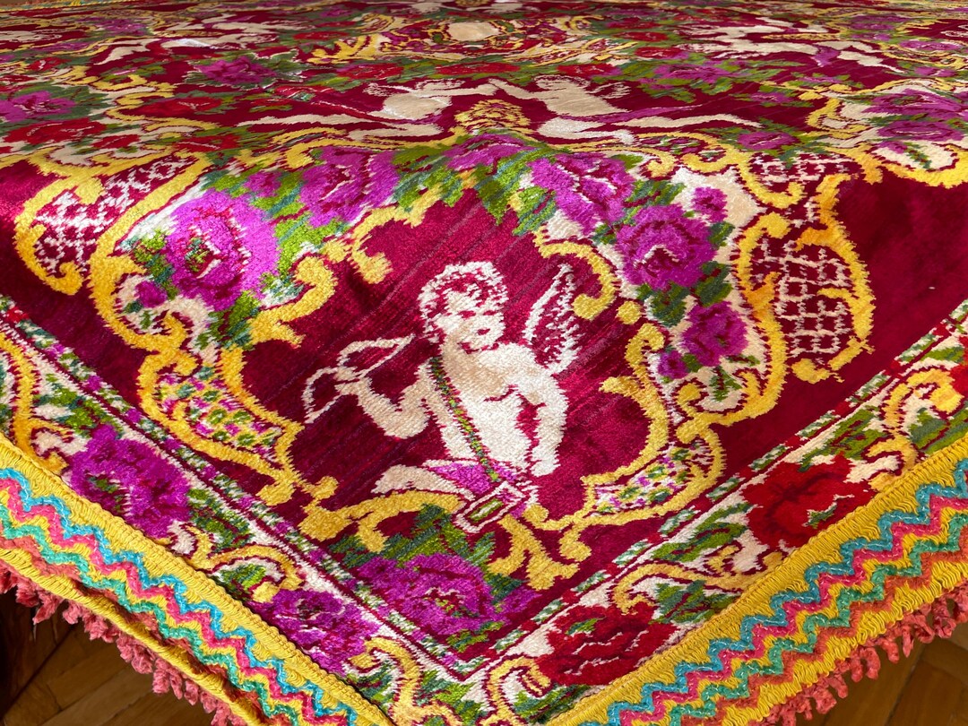 Vintage Velvet Rug, UNUSED Antique Italian Tablecloth Cherub, Angel ...