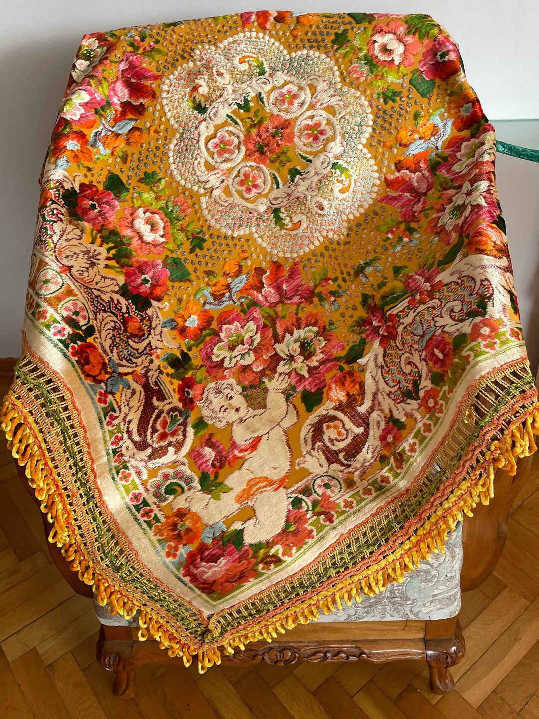 Cherub Velvet Bedspread, UNUSED Italian Floral Brocade Tapestry ...