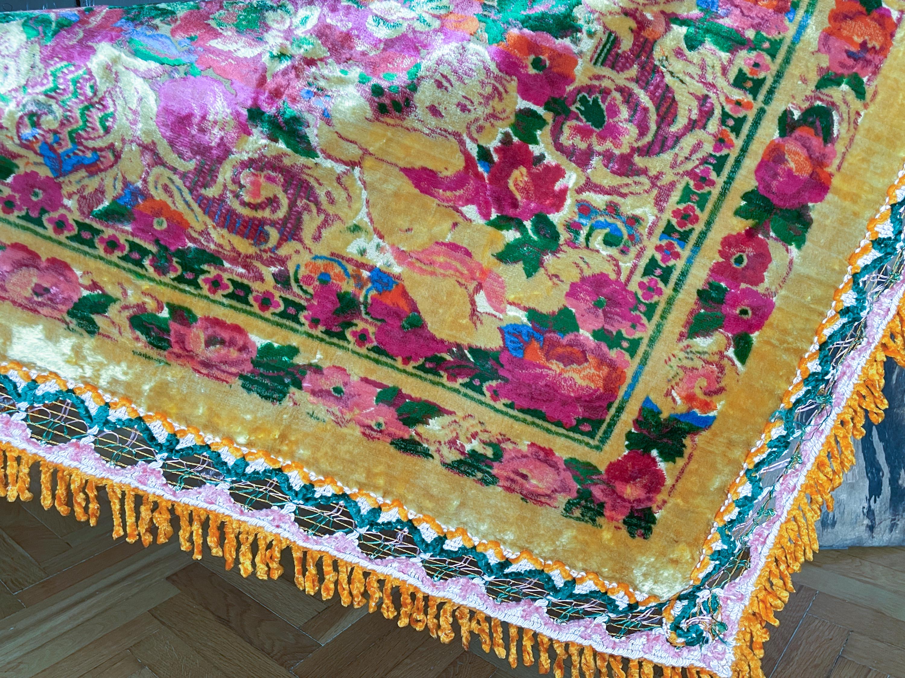 Unused Vintage Italian Velvet Cherub Bedspread, Bohemian Table Decor ...
