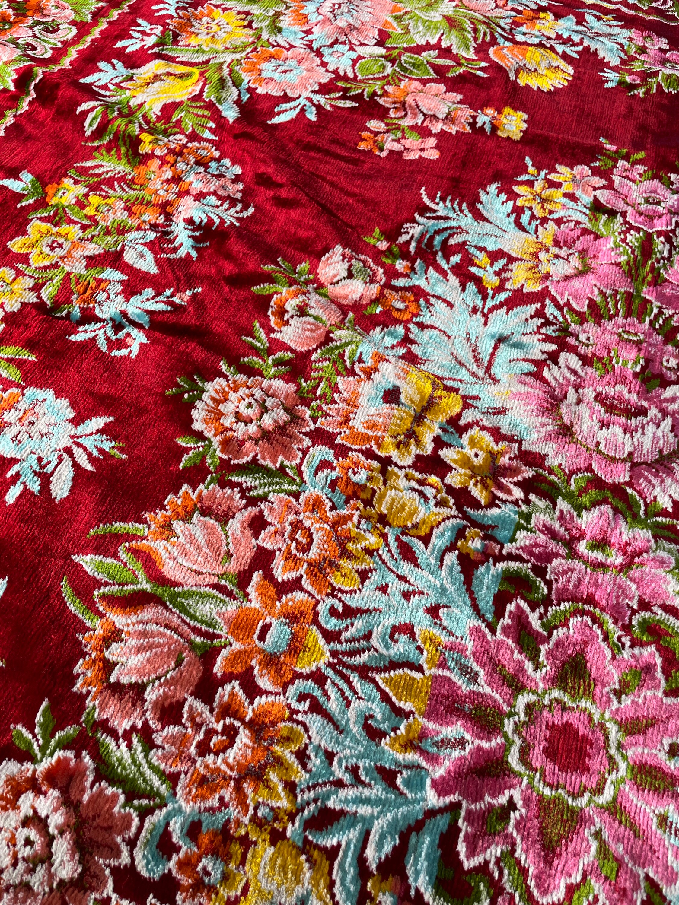 UNUSED Vintage Italian Velvet Bedspread, Red Blue Floral Plush Carpet ...