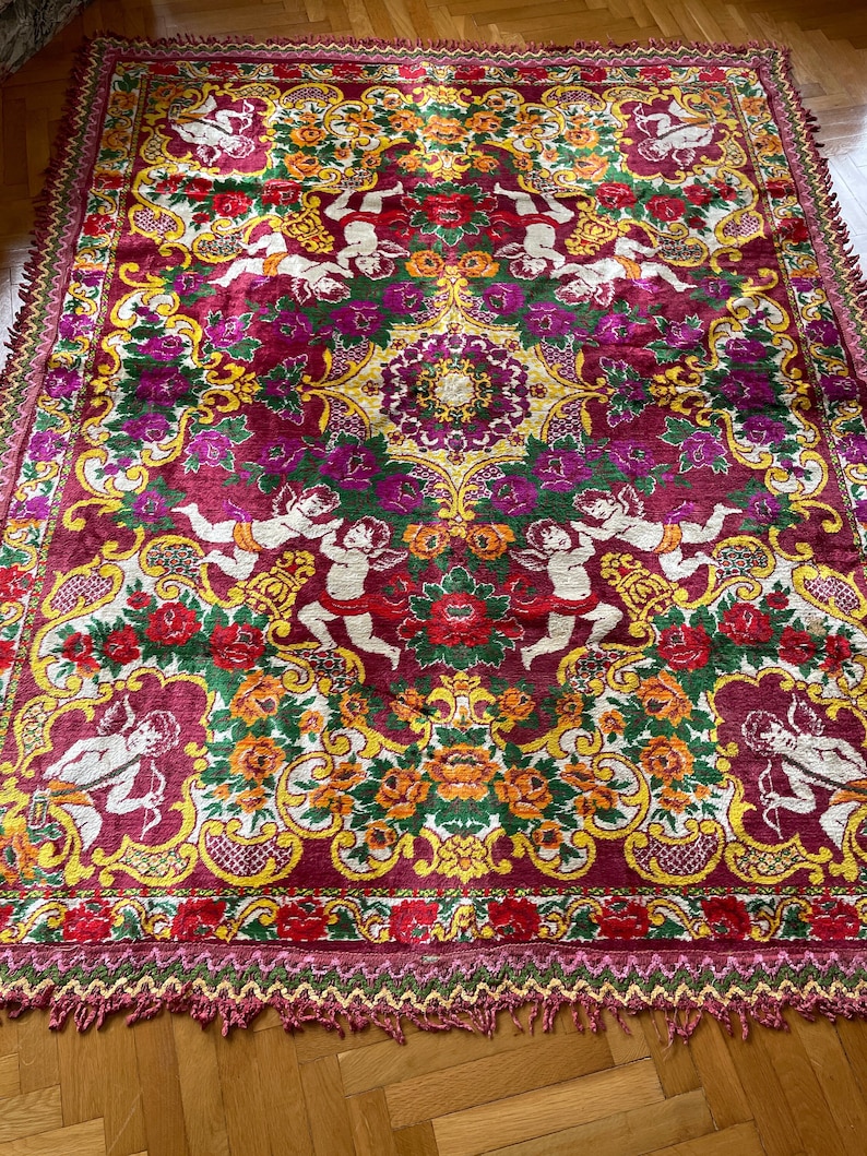 UNUSED Vintage Italian Velvet Cherub Bedspread, Bohemian Table Decor ...