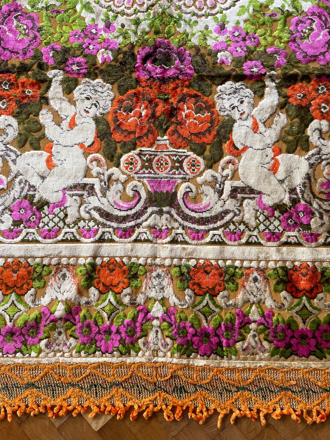 Unused Vintage Italian Velvet Cherub Bedspread, Bohemian Table Decor ...