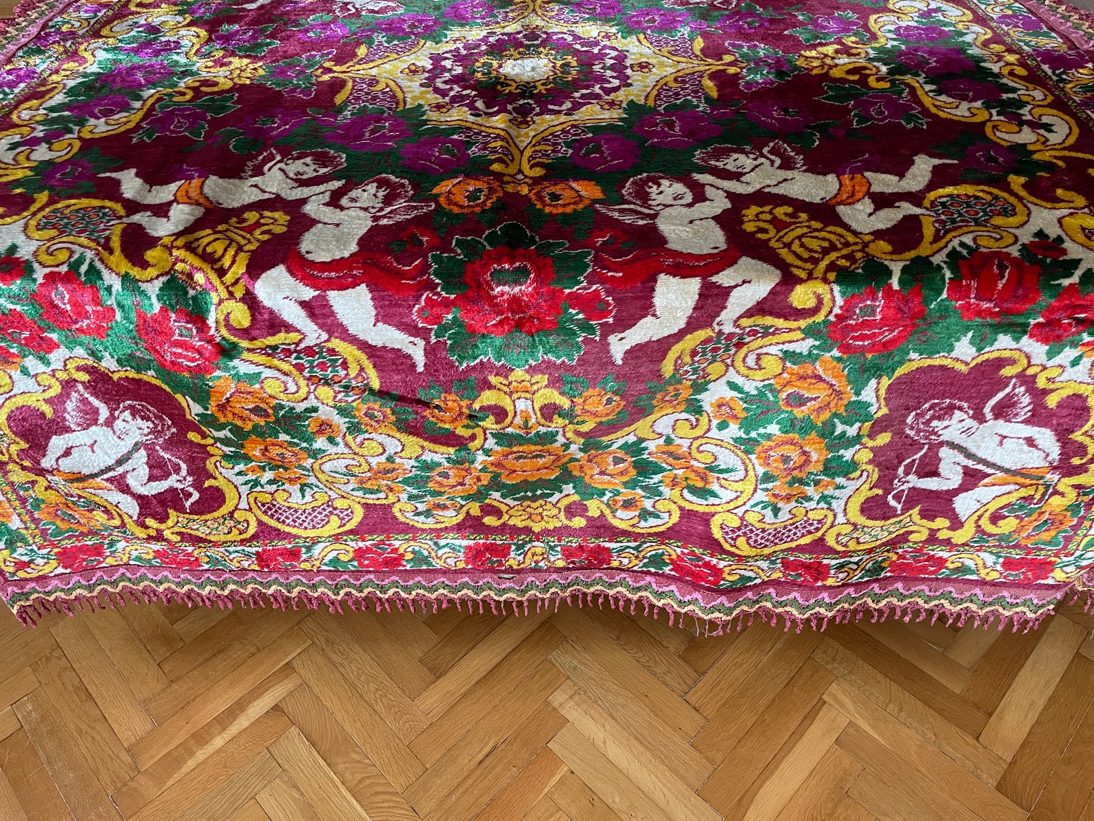 UNUSED Vintage Italian Velvet Cherub Bedspread, Bohemian Table Decor ...