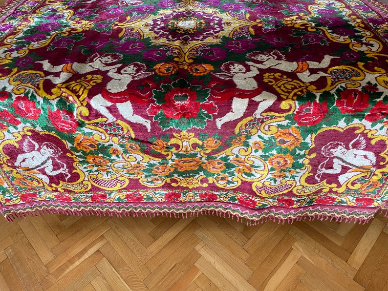 Unused Vintage Italian Velvet Cherub Bedspread, Large Tablecloth ...
