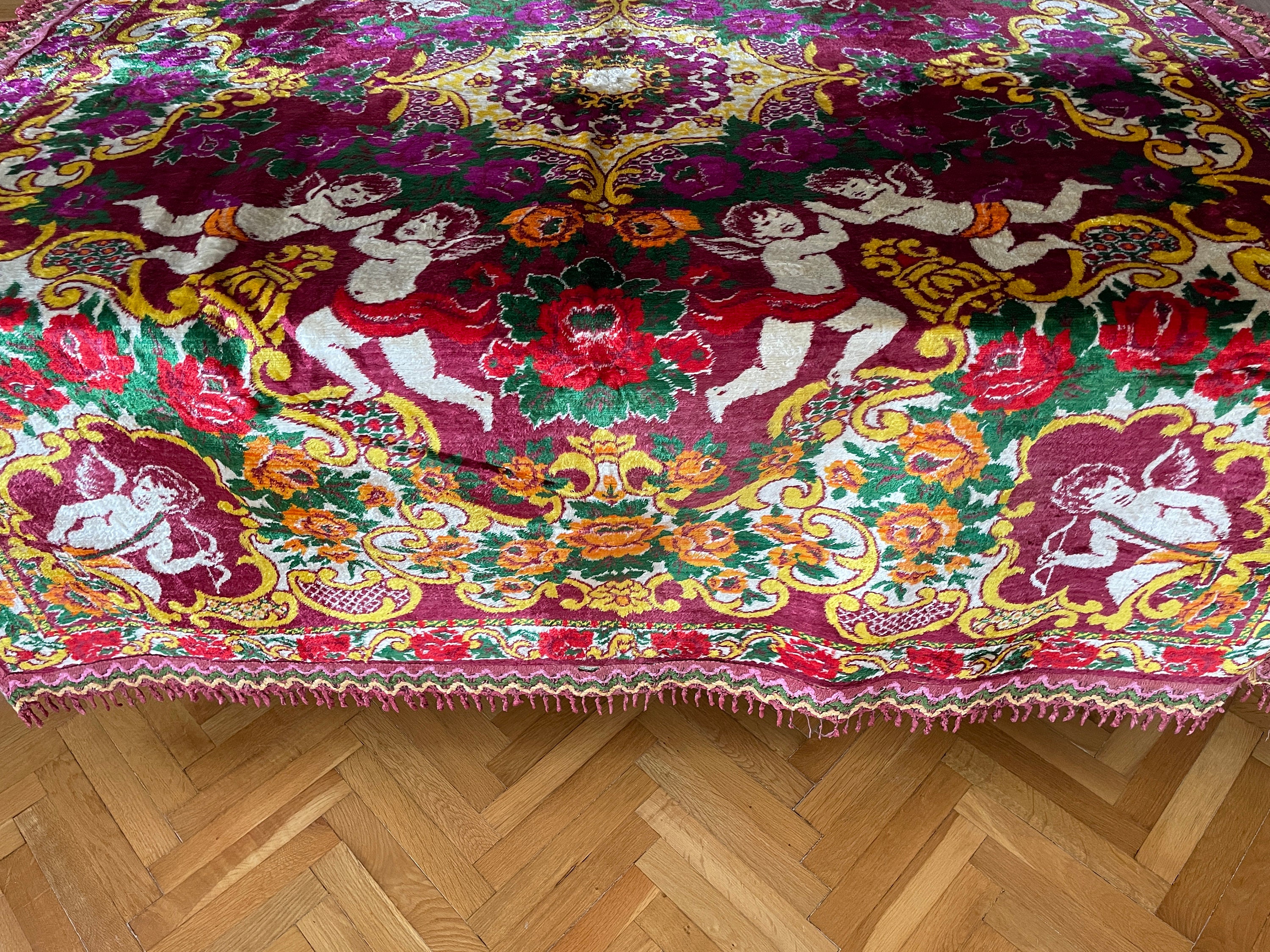 Unused Vintage Italian Velvet Cherub Bedspread, Large Tablecloth ...