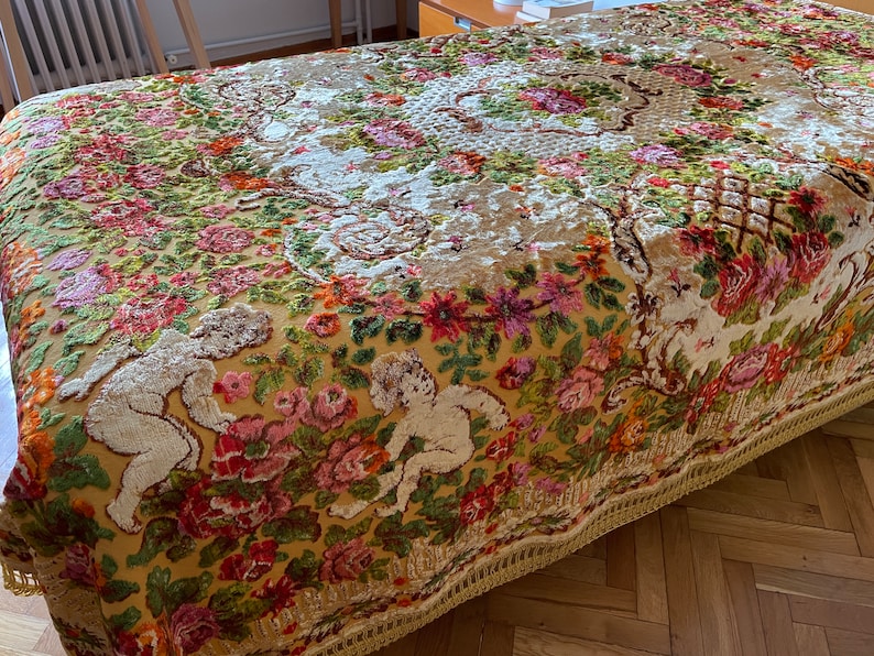 Cherub Velvet Bedspread, Italian Floral Chenille Tapestry Tablecloth ...