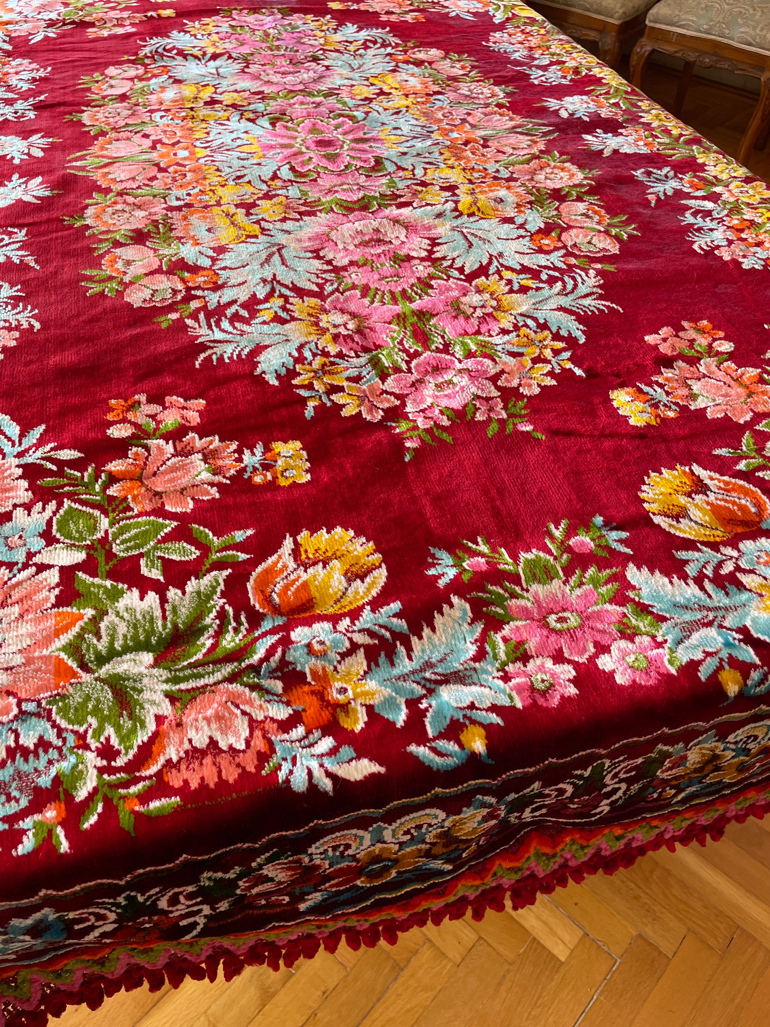 UNUSED Vintage Italian Velvet Bedspread, Red Blue Floral Plush Carpet ...