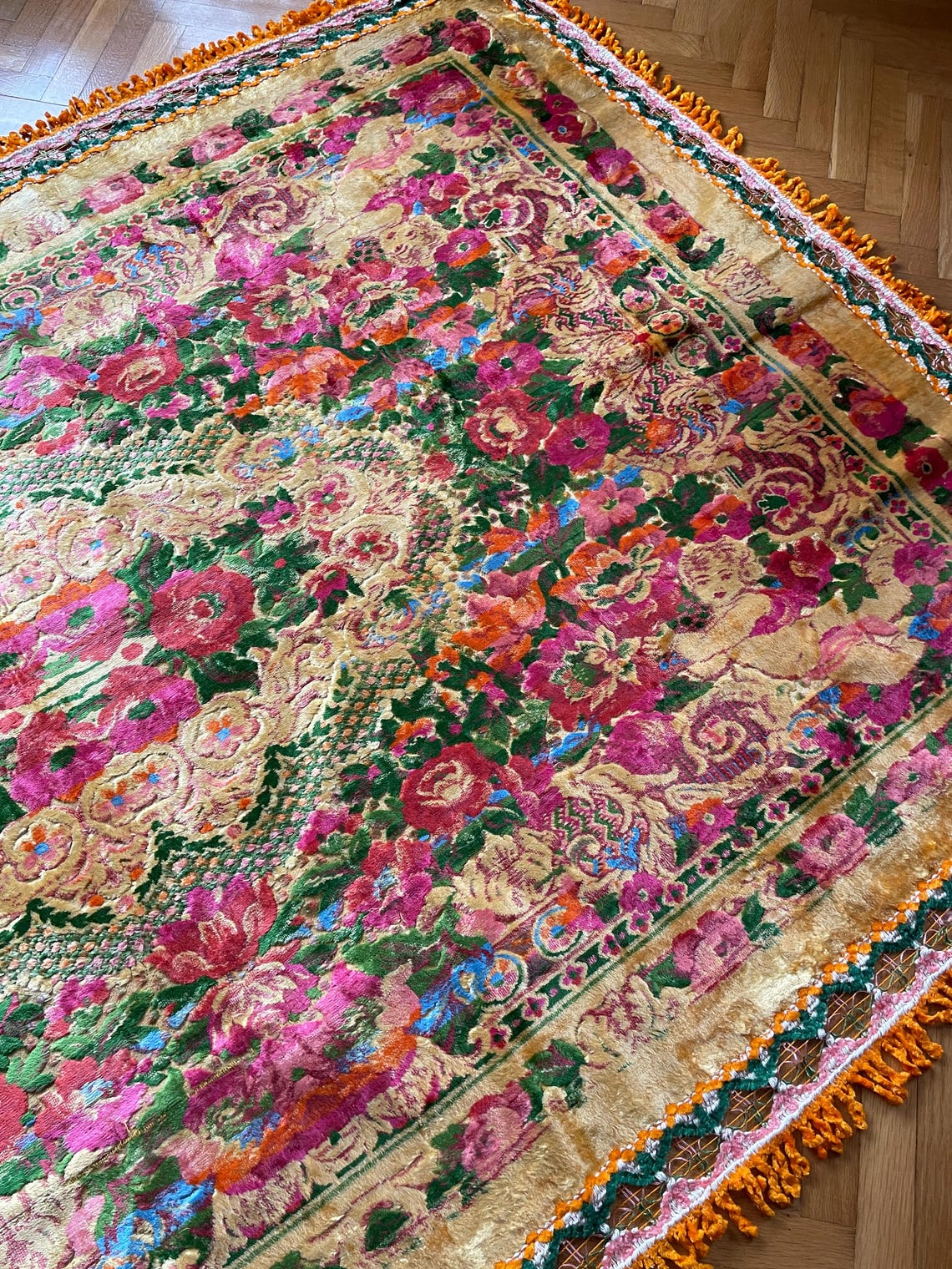 Unused Vintage Italian Velvet Cherub Bedspread, Bohemian Table Decor ...