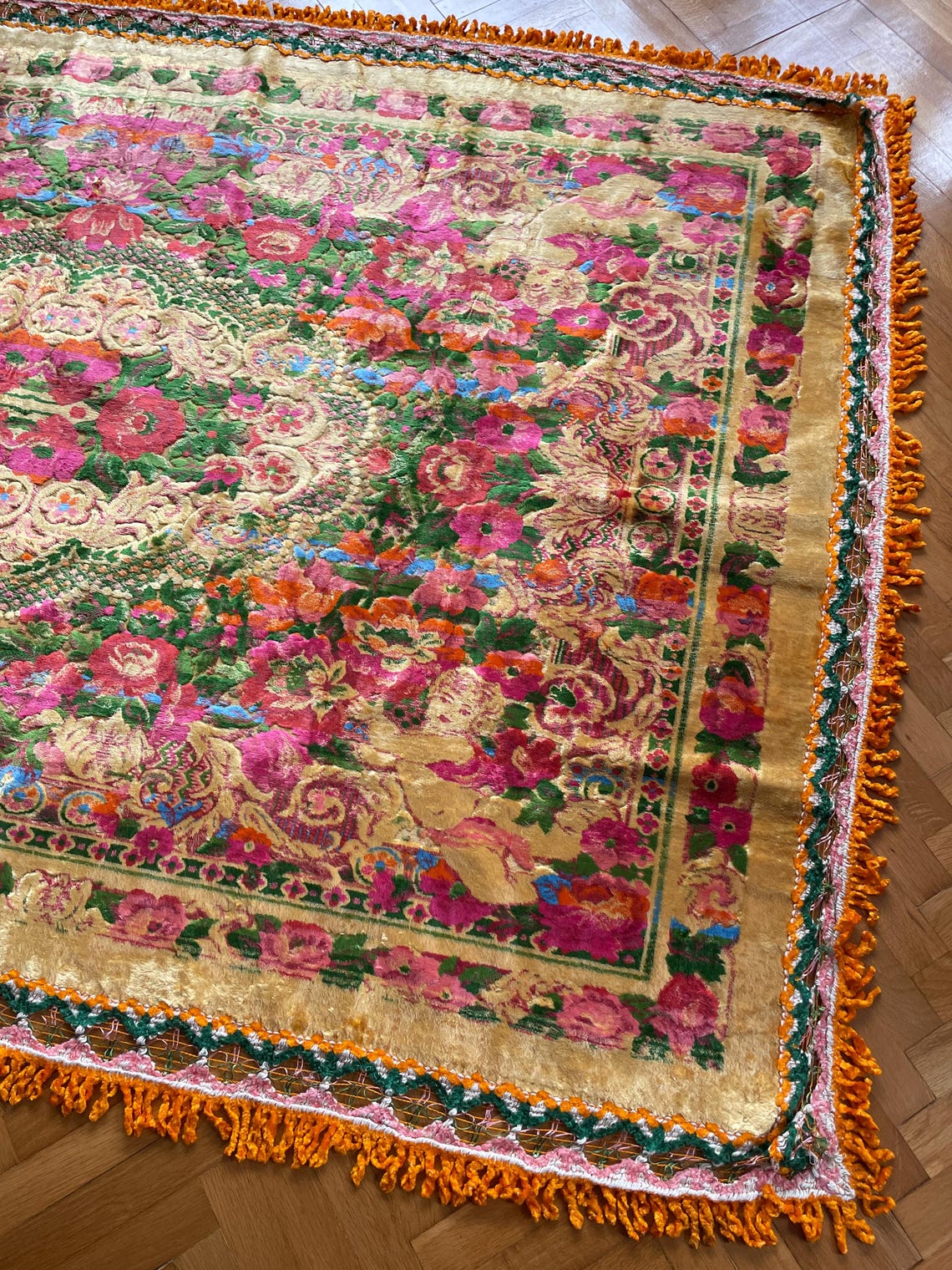 Unused Vintage Italian Velvet Cherub Bedspread, Bohemian Table Decor ...