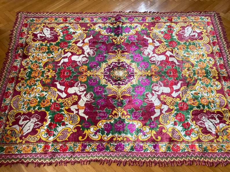Unused Vintage Italian Velvet Cherub Bedspread, Large Tablecloth ...