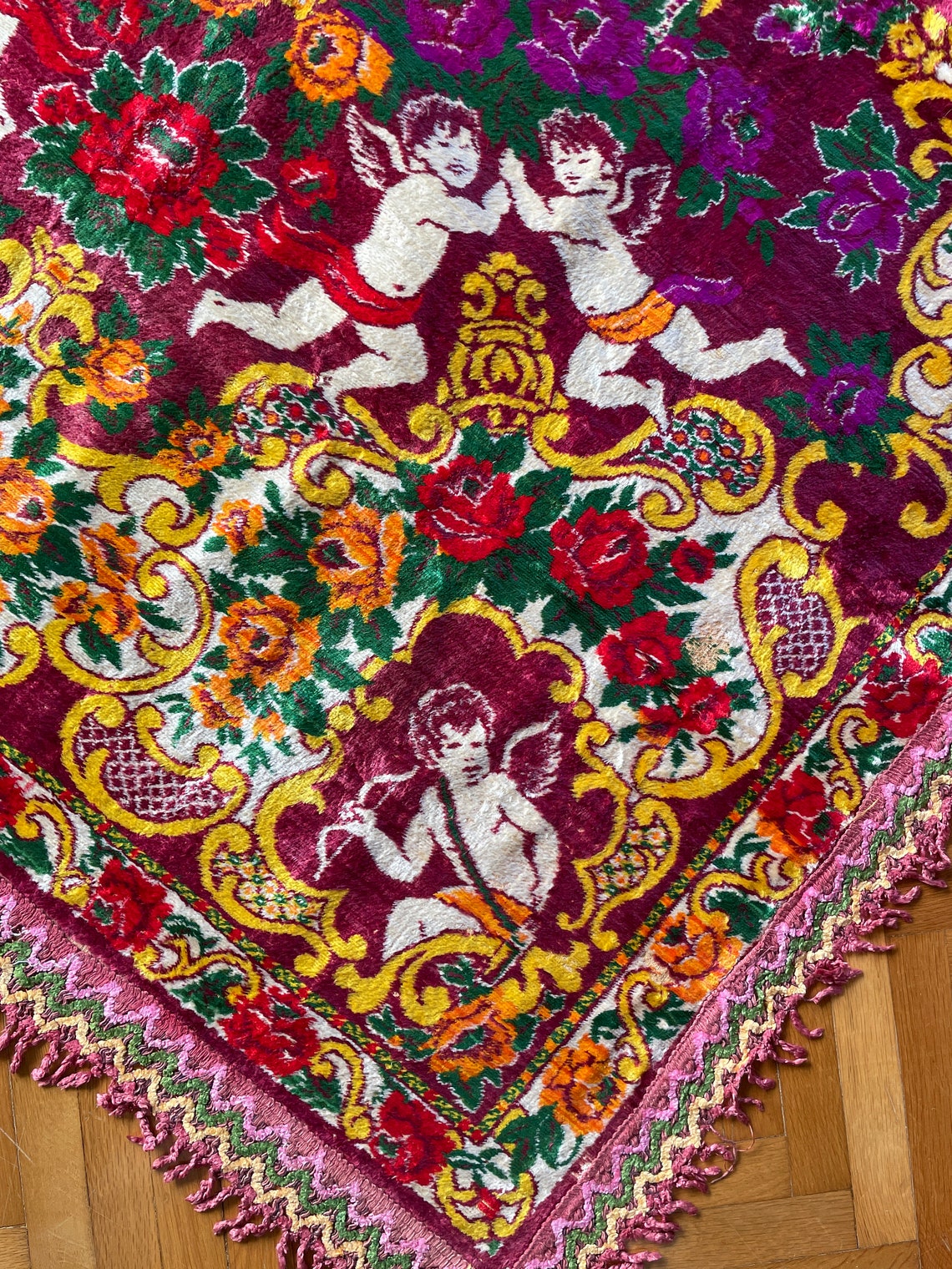 UNUSED Vintage Italian Velvet Cherub Bedspread, Bohemian Table Decor ...