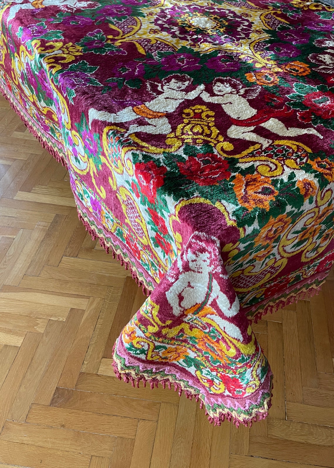 Unused Vintage Italian Velvet Cherub Bedspread, Large Tablecloth ...