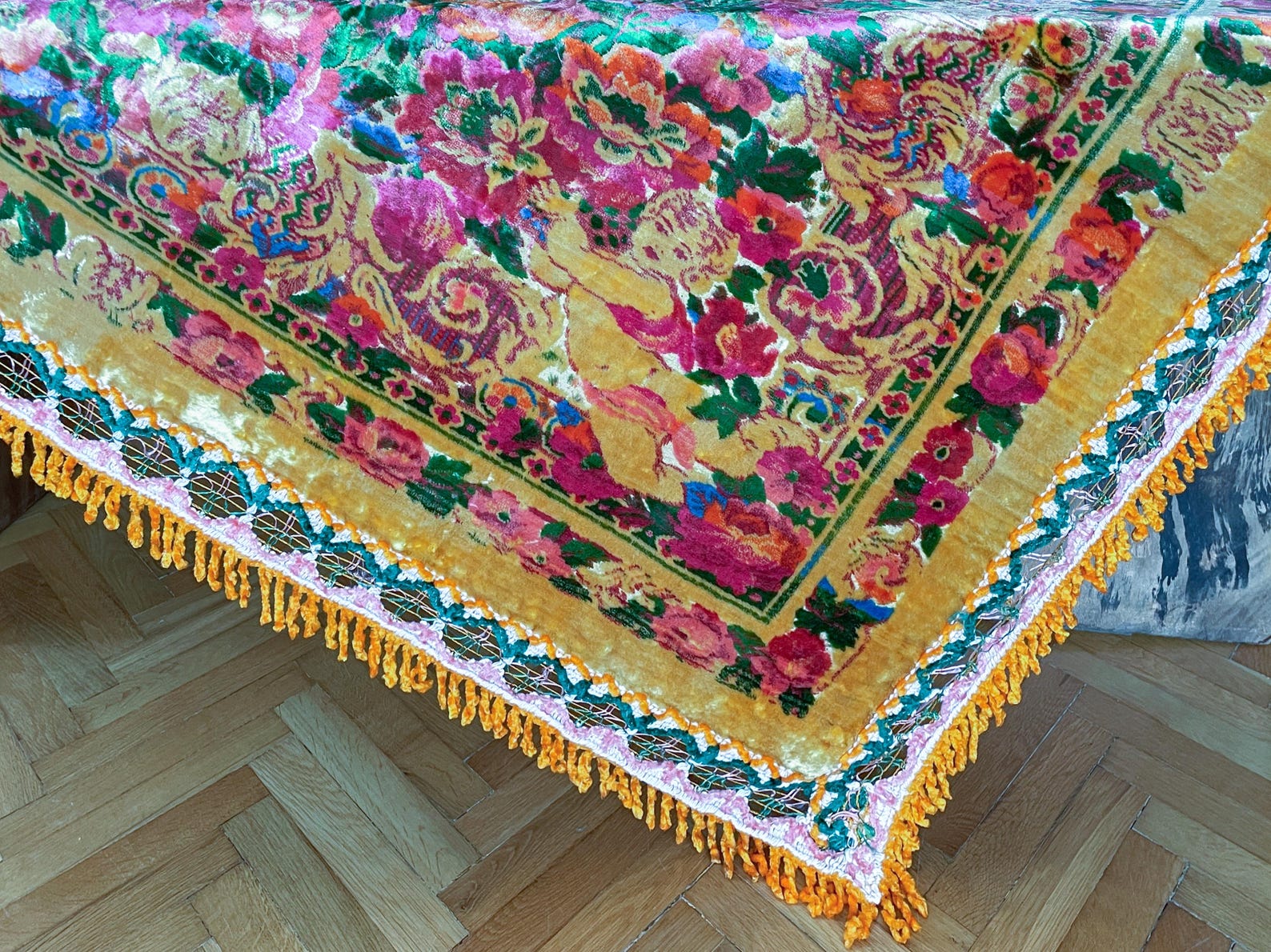 Unused Vintage Italian Velvet Cherub Bedspread, Bohemian Table Decor ...