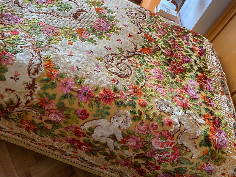 Cherub Velvet Bedspread, Italian Floral Chenille Tapestry Tablecloth ...