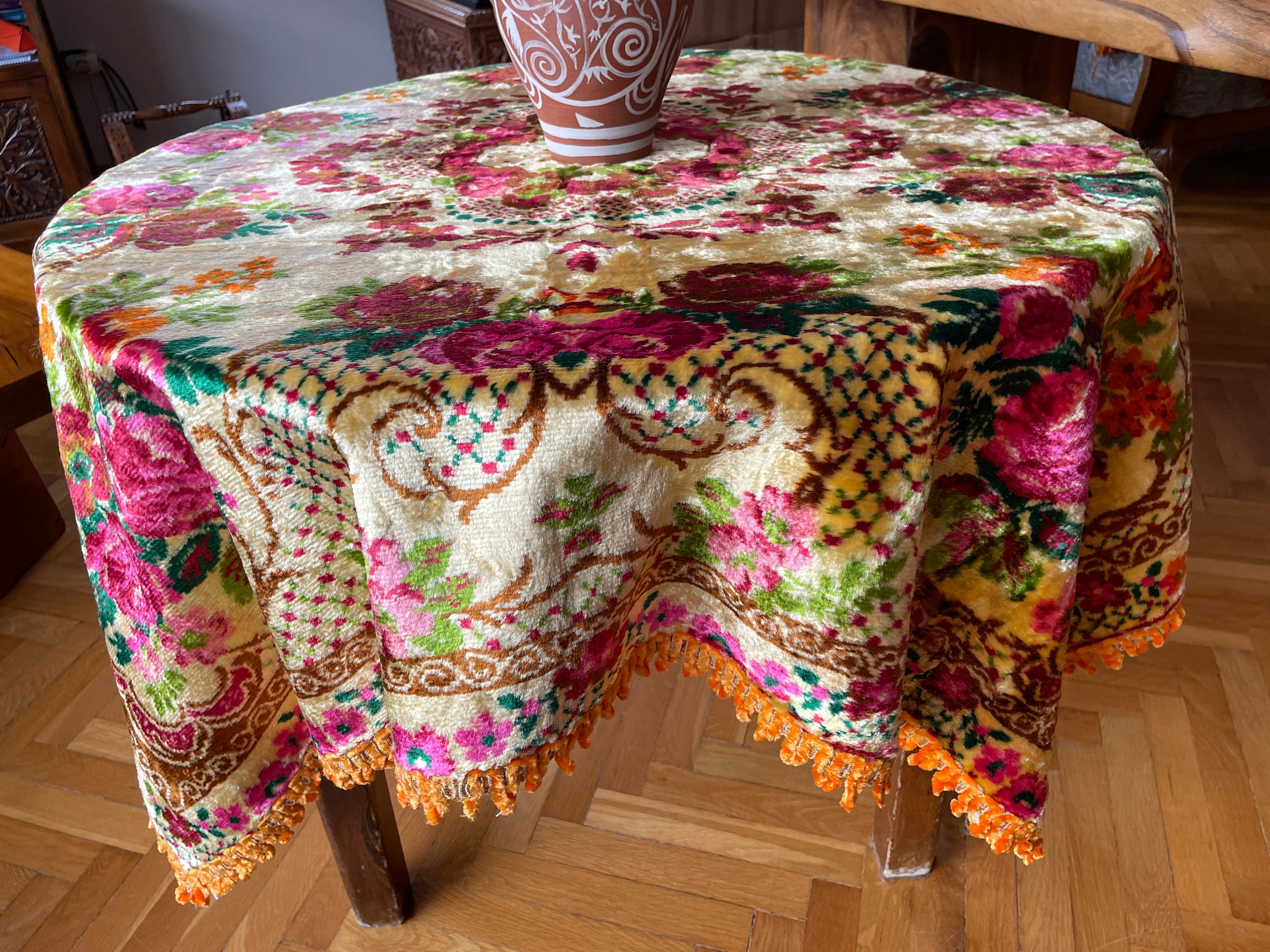 Unused Vintage Italian Velvet Tablecloth, Bohemian Table Decor, Floral ...