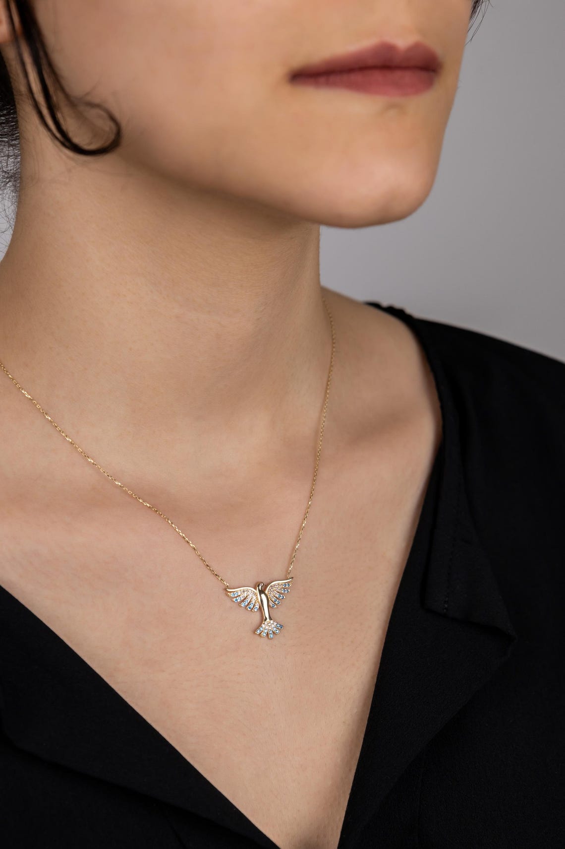14K Phoenix Necklace, Gold Emerald Phoenix, Stoned Phoenix Necklace ...