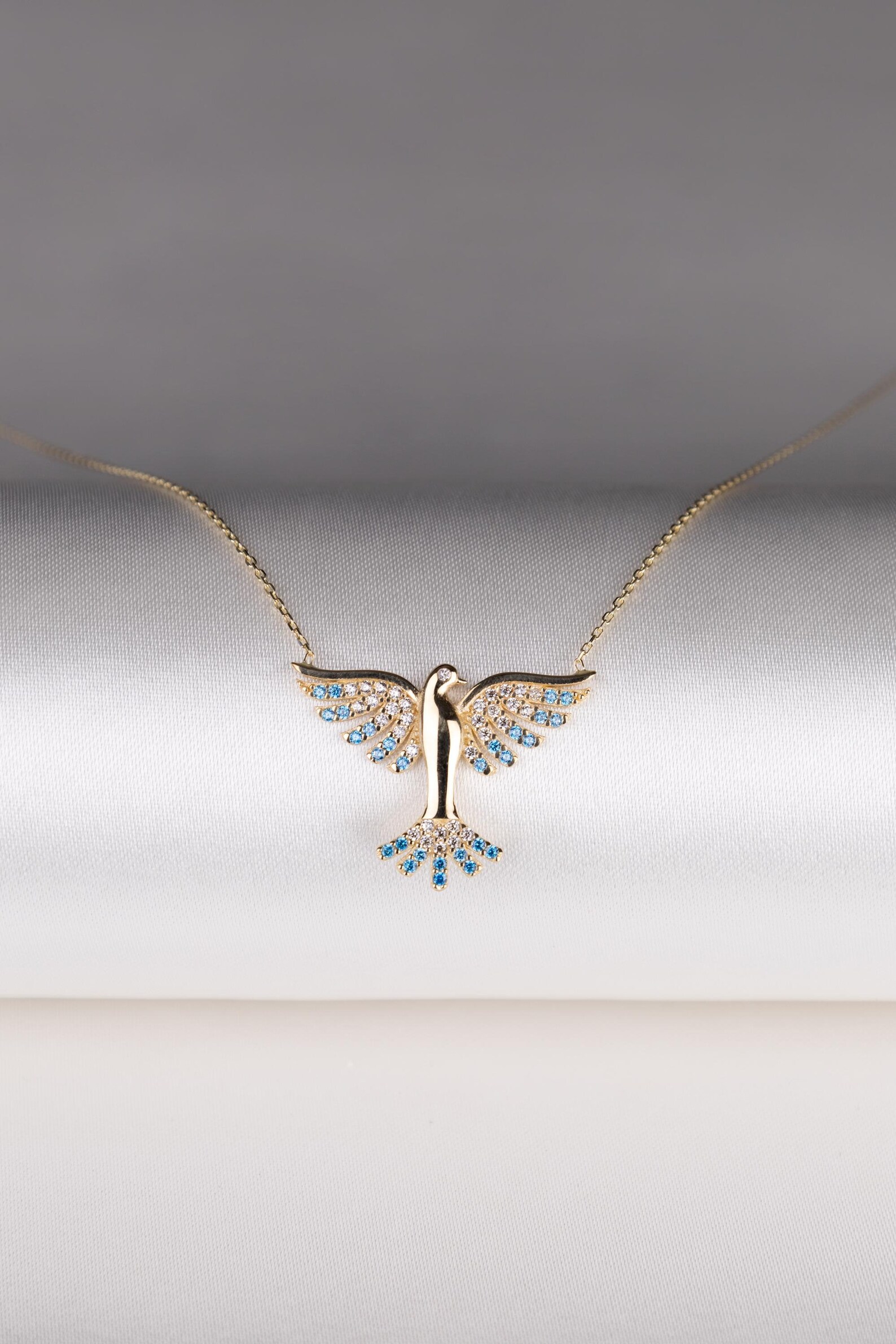 14K Phoenix Necklace, Gold Emerald Phoenix, Stoned Phoenix Necklace ...