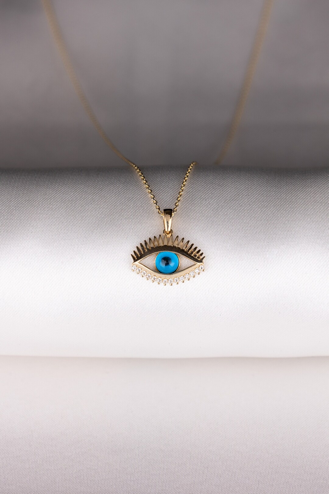 14k Gold Eye Necklace, Gold Enameled Eye Necklace, 14k Blue Eye ...