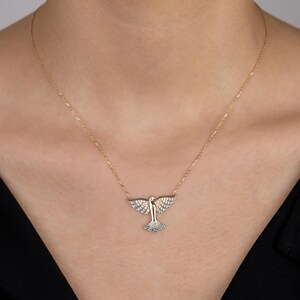 14K Phoenix Necklace, Gold Emerald Phoenix, Stoned Phoenix Necklace ...
